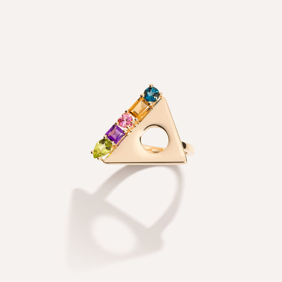 LÚDERE gold triangle ring with peridot, amethyst, pink topaz, cognac quartz, and London blue ...